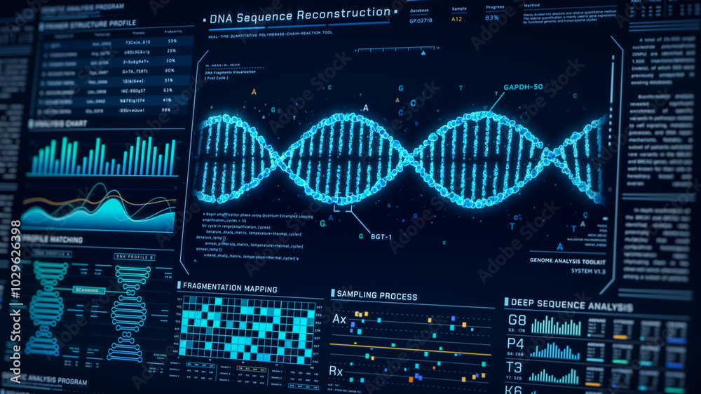 DNA Helix analysis visualization data, genome sequence ui screen ...