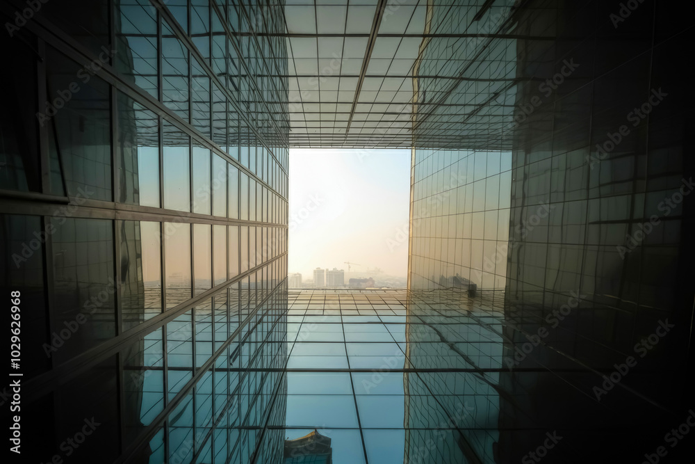 Morning view to perspective glass building. The dawn of a new era, real ...