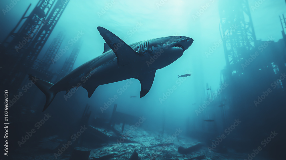A majestic shark swimming gracefully through an underwater landscape ...