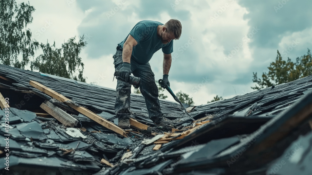 contractor inspecting damaged roof with tools, focused on task at hand ...