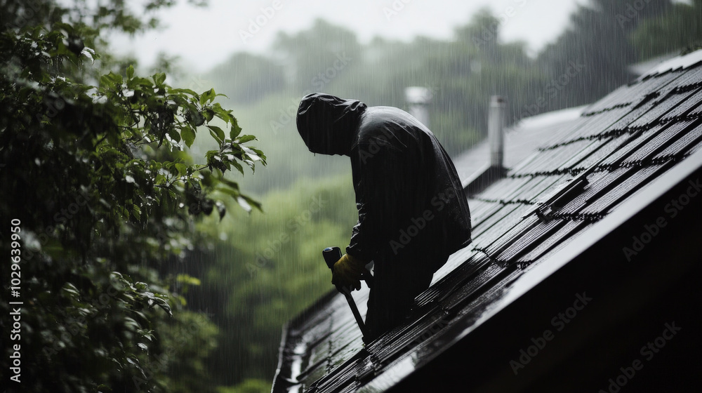 worker is fixing leaky roof on rainy day, showcasing determination ...