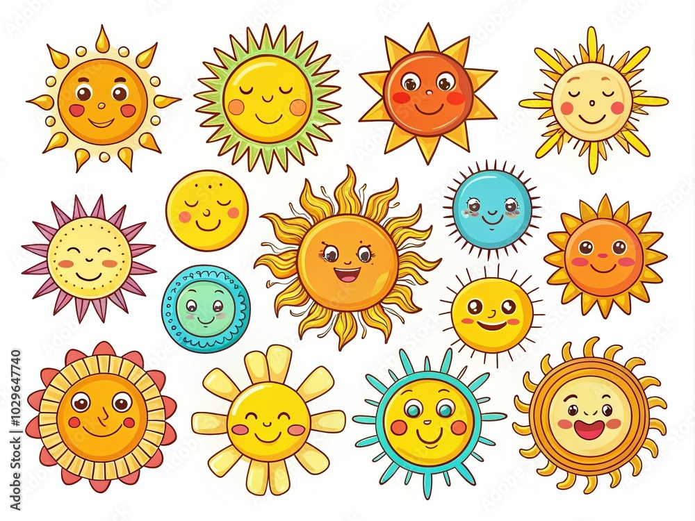 Cute Cartoon Suns Doodle Icons Set - Hand Drawn Vector Illustrations ...