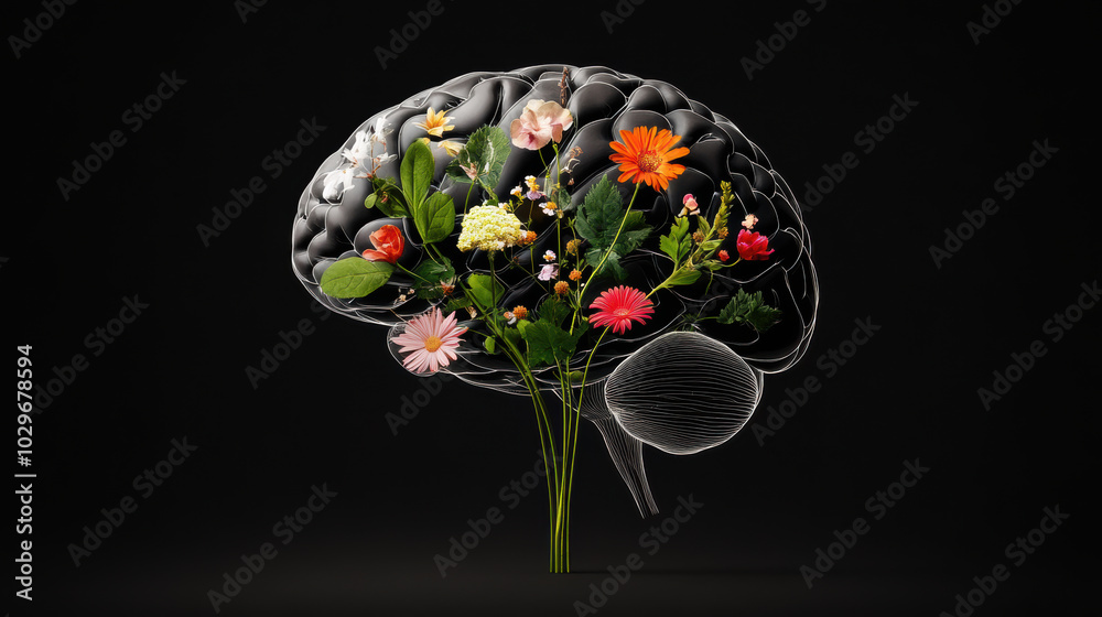 brain intertwined with vibrant flowers and climbing plants symbolizes ...