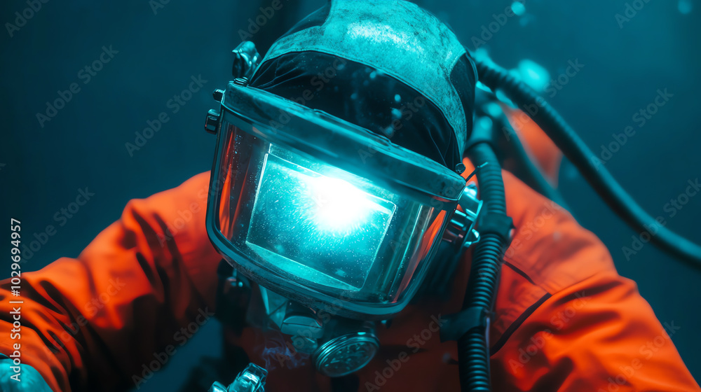 A diver in a specialized helmet works underwater, illuminated by a ...