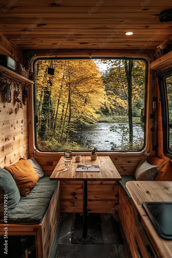 Japandi camper van. Wooden interior. Telescopic table beside panoptic ...