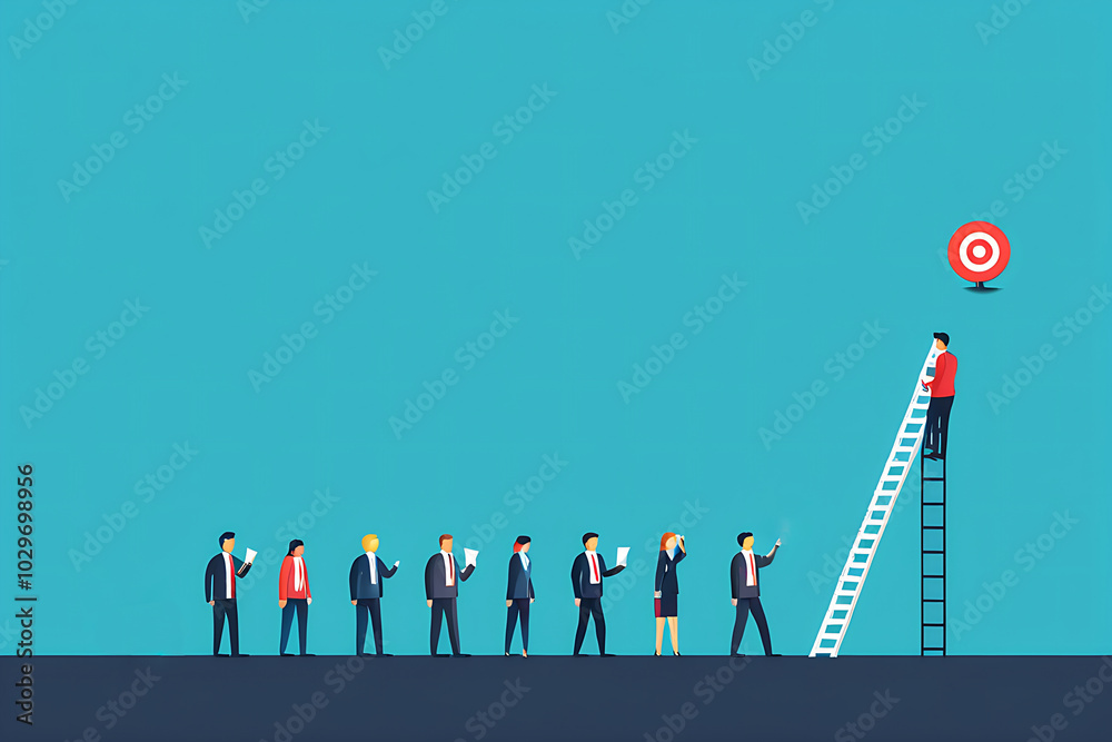 Business person queue up to climb up ladder of success to climb up ...