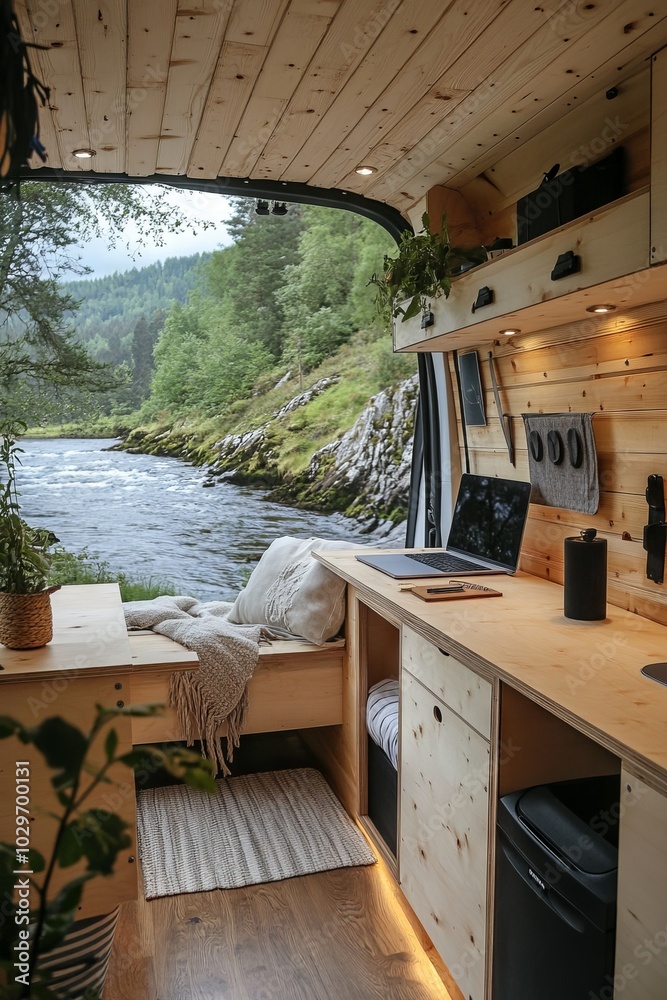 Japandi sprinter camper van view. Eco-friendly workstation in birch ...