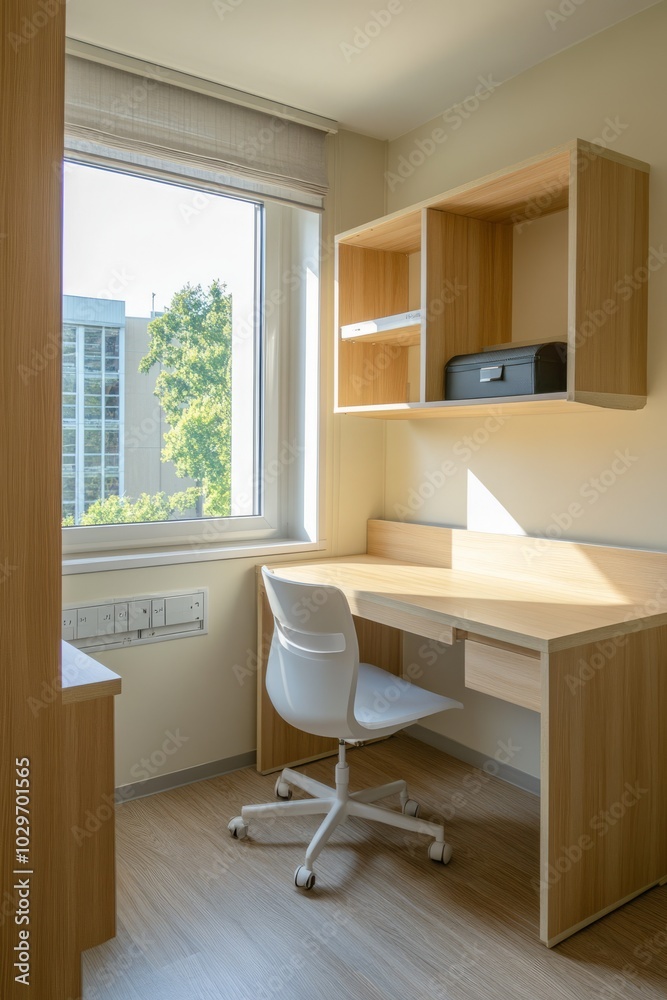 Japandi student dorm room. Light wood floating desk with white ...