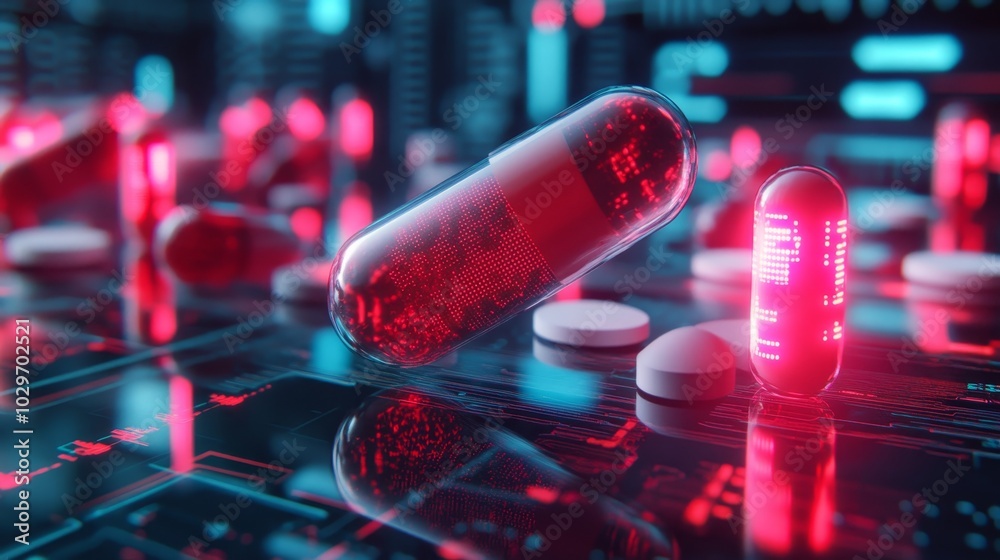 Floating pills and capsules on a transparent platform, neon circuits ...