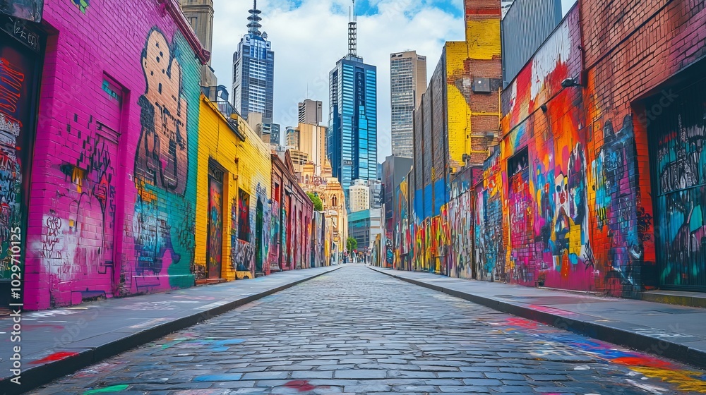 70s urban scene, skyscrapers stretching skyward, graffiti-covered ...