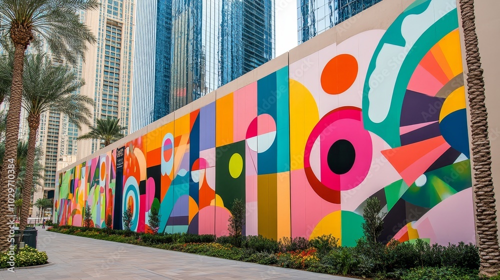 1950s metropolis, towering glass towers, colorful street murals ...