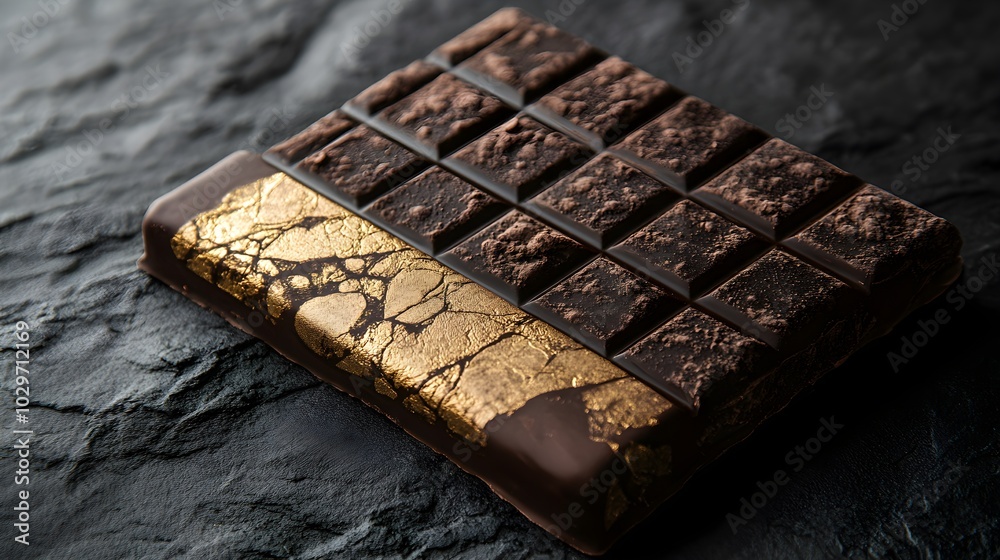 A luxury chocolate bar wrapper with gold accents and dark matte ...