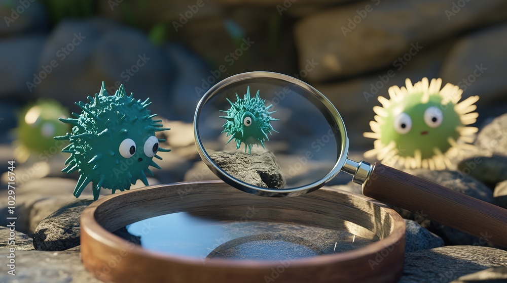 Cartoon germs magnified under an antique magnifying glass, showing a ...