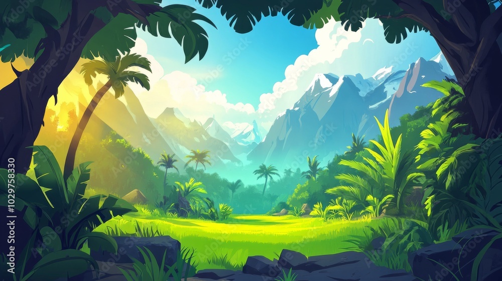 Digital illustration lush jungle scene background beautiful landscape ...
