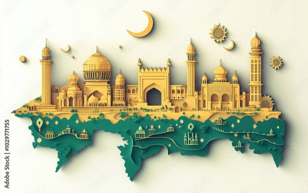 A modern design for Pakistan Day with detailed monuments placed on a ...
