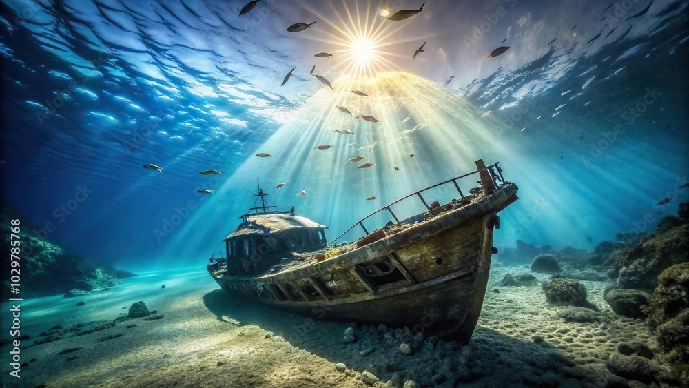 Underwater shipwreck scene with sunlight filtering through water and ...
