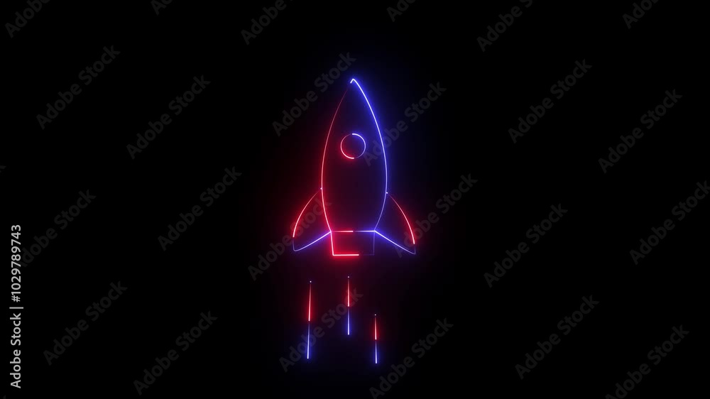 Digital rockets launch into outer space red blue color. Boosting and ...