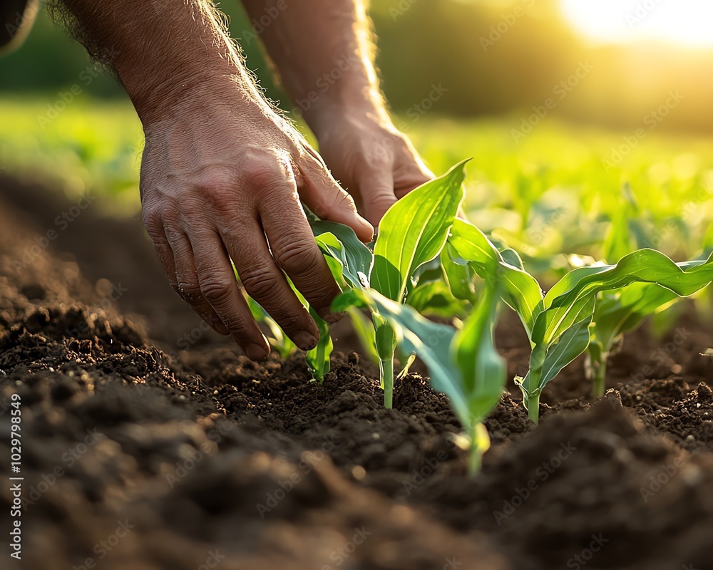 Detailed closeup of a farmers hands carefully examining young corn ...
