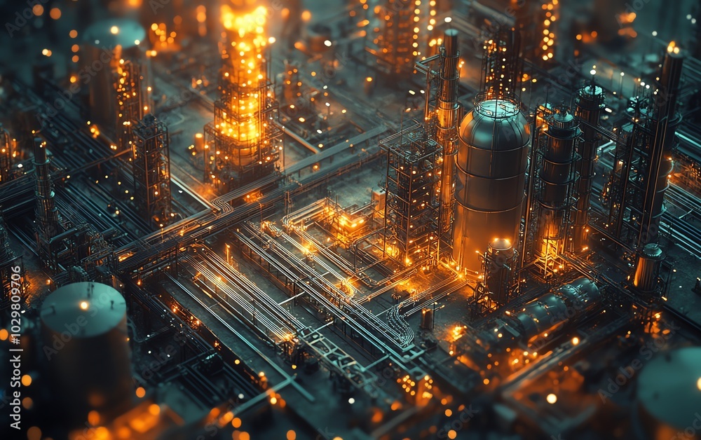 Bird seye view of a cuttingedge industrial sector, with interconnected communication network ...