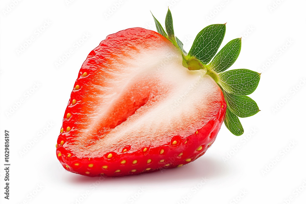 Strawberry half isolated. Cut strawberry with leaf on white background ...