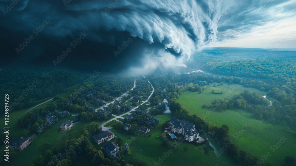 Hurricane destroying homes, winds bending trees, rain pouring down ...