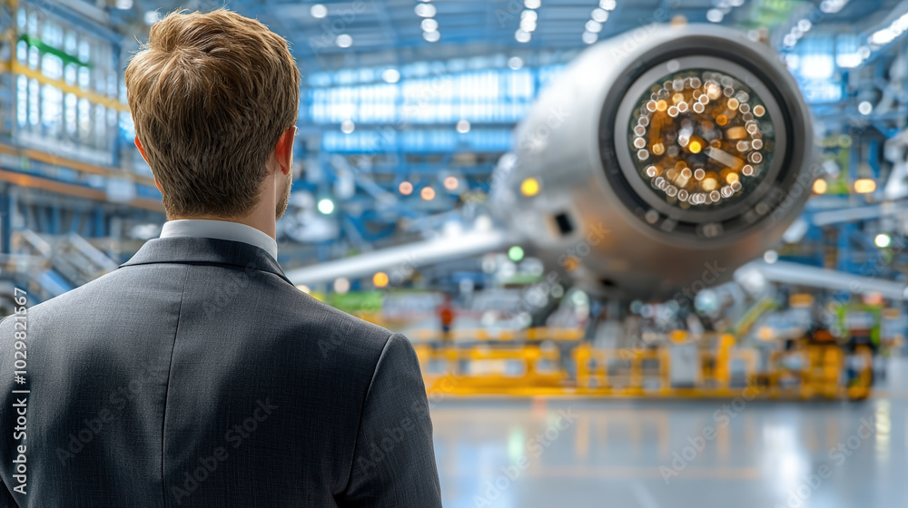 professional aerospace engineer observes large aircraft engine in ...
