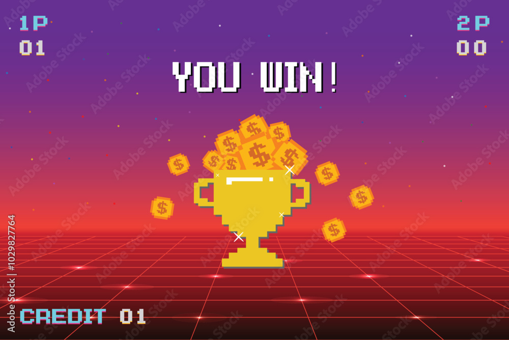 8-bit pixel art with text "You Win" and a big golden cup and gold coin ...
