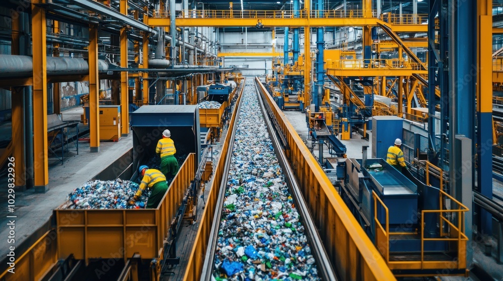 Inside a waste management facility, showing conveyor belts and workers ...