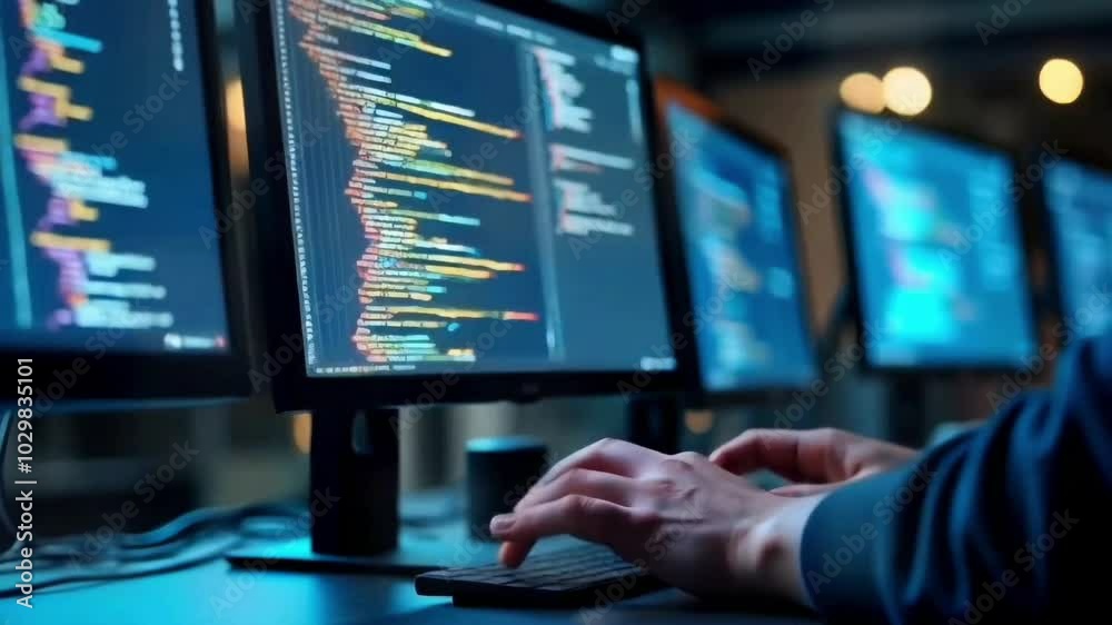 monitor with a hand on the screen, main computer keyboard typing, Programming code abstract ...