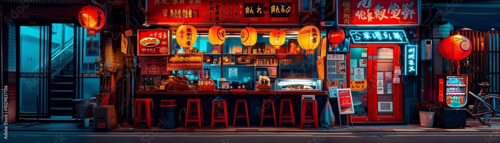 Retro sushi diner from the 80s, neon signs, vibrant colors, pop art ...