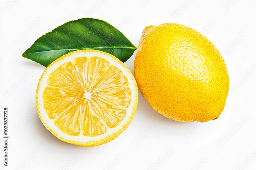 Lemon fruit slice with leaf isolated. Lemon half with leaves on white ...