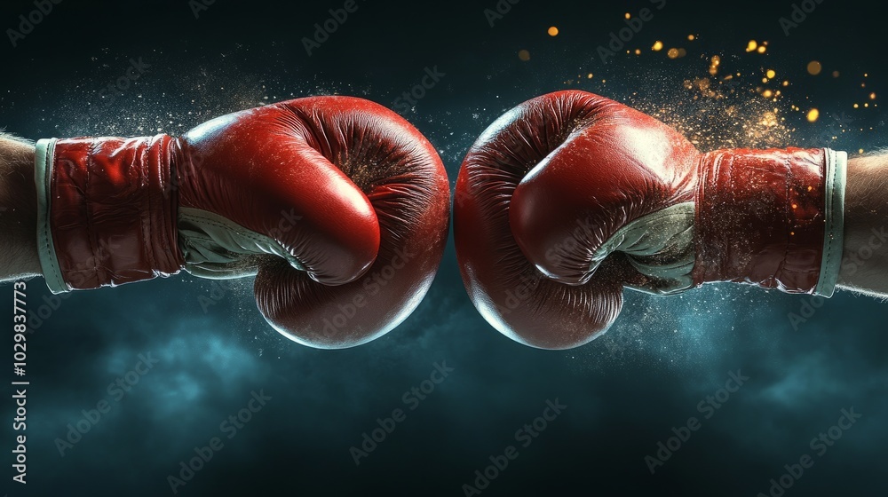 Two boxing gloves clashing in the center, with ample copy space for ...
