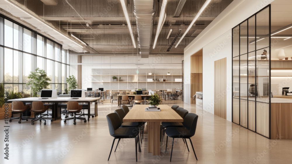 Modern office interior featuring spacious workstations, large windows ...