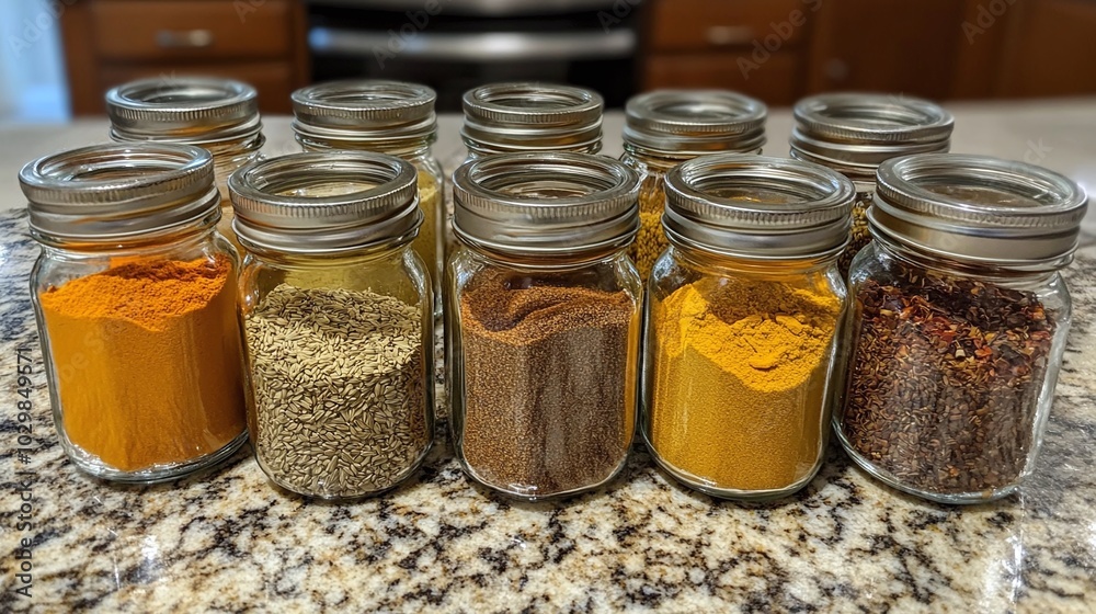 An assortment of Indian spices in glass jars on a kitchen counter, with ...