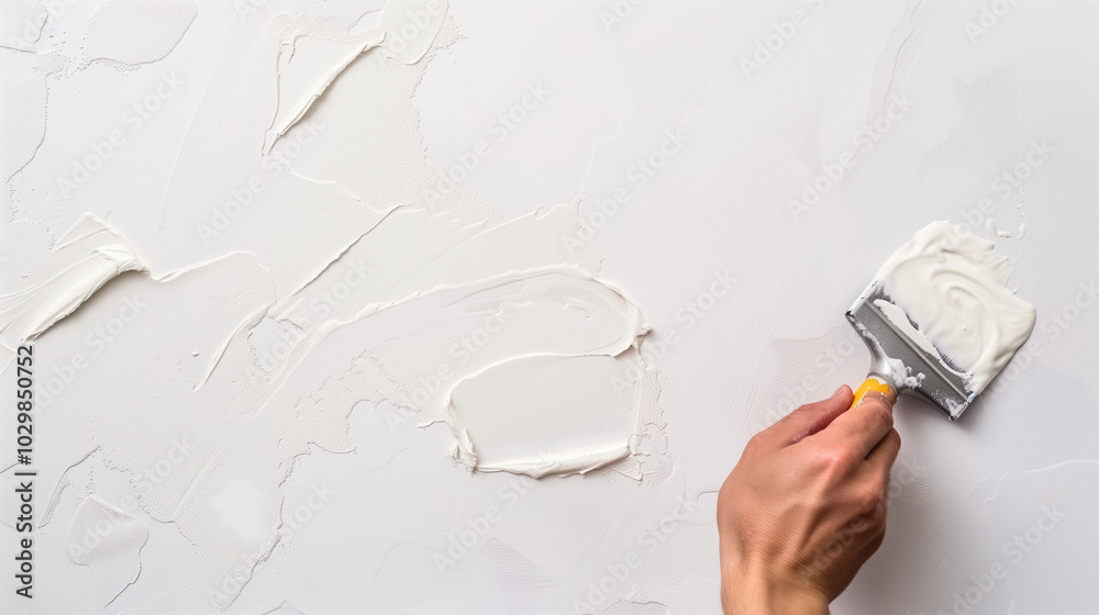 Homeowner Applying Joint Compound Paste to Patch Small Hole in White ...