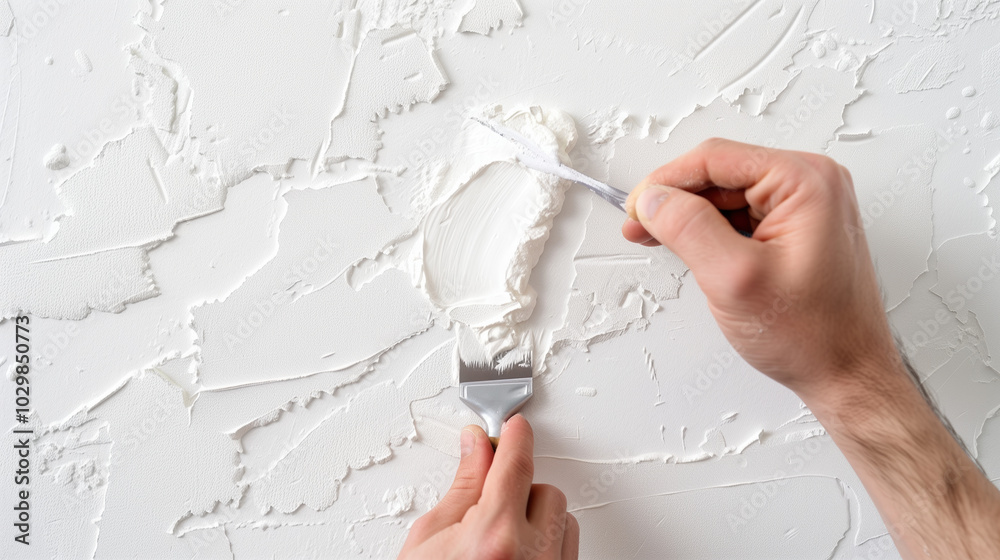 Person Filling Small Hole in White Wall with Joint Compound Paste Using ...