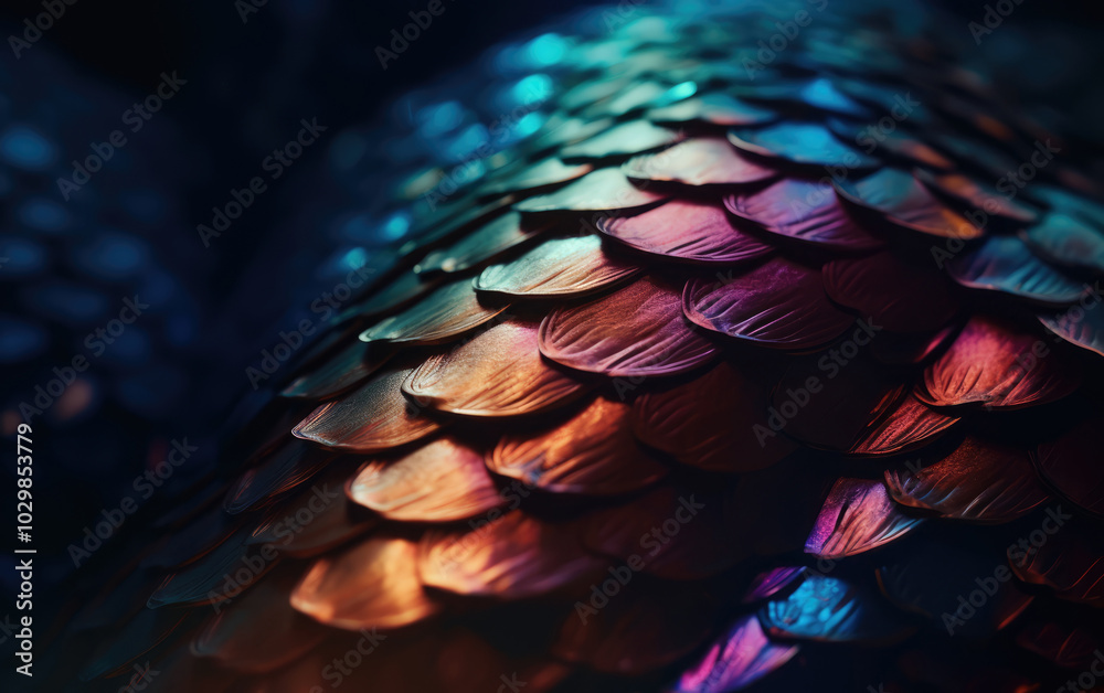 Metallic and iridescent fish or dragon scales with a reflective ...