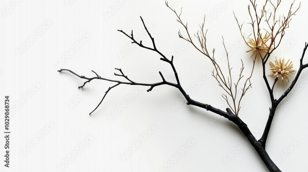 Isolated bare black tree branch white backdrop.Minimalistic background ...