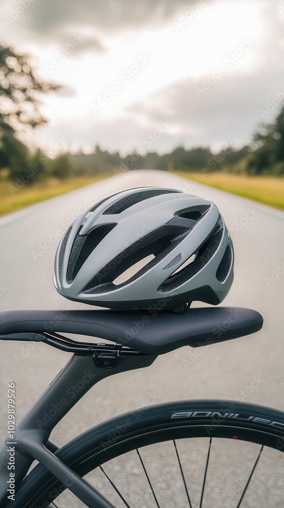 A high-performance bicycle helmet placed on the seat of a sleek road ...