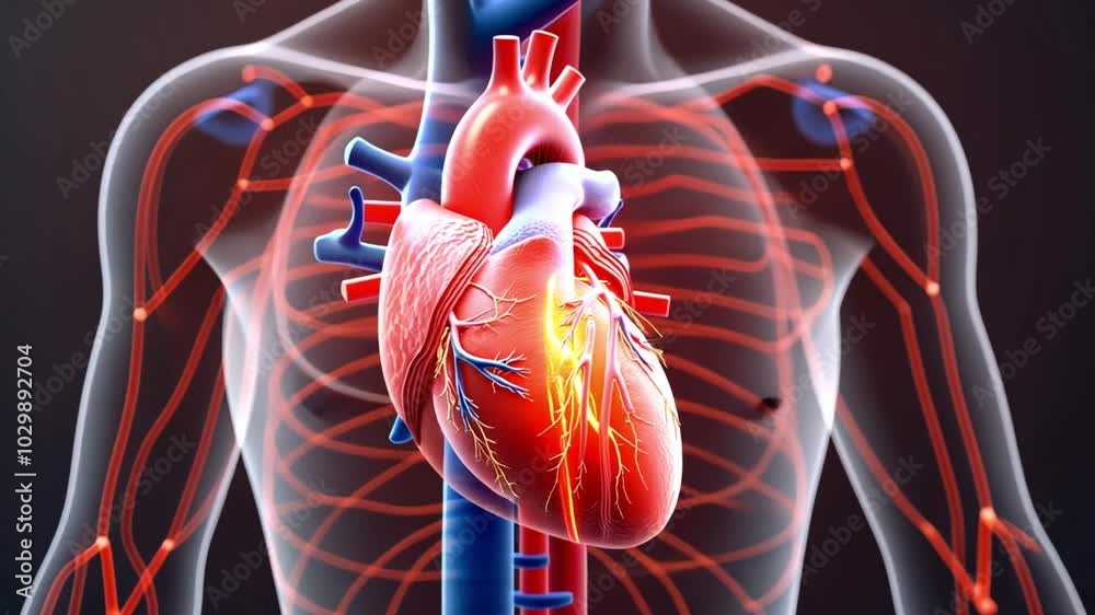 A 3D illustration of the human heart showing the stages of a heart ...