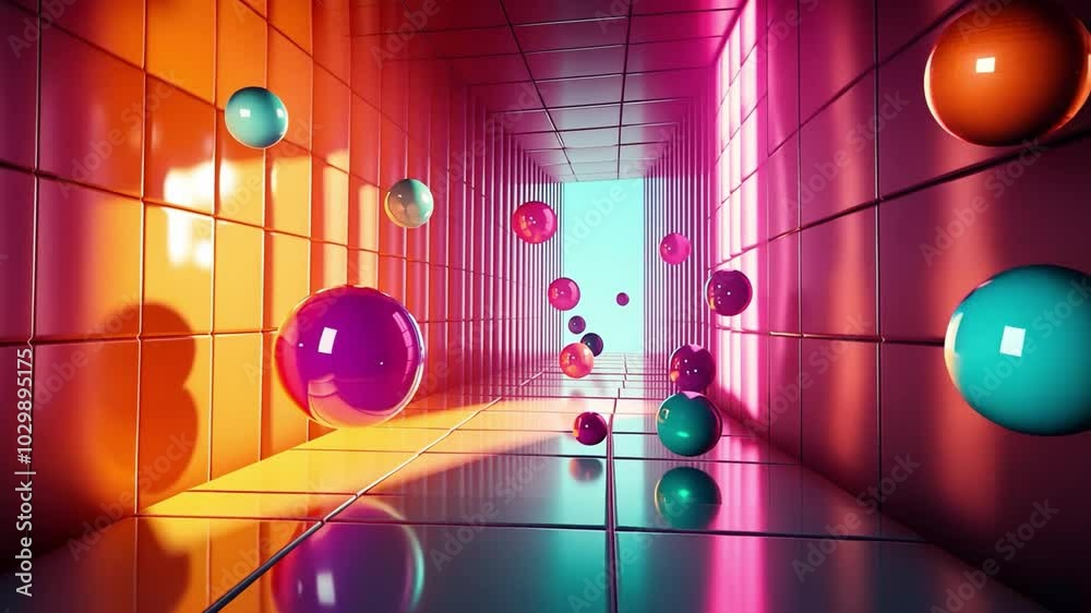 Spheres dance and shimmer in a vibrant, neon-lit corridor, a surreal ...