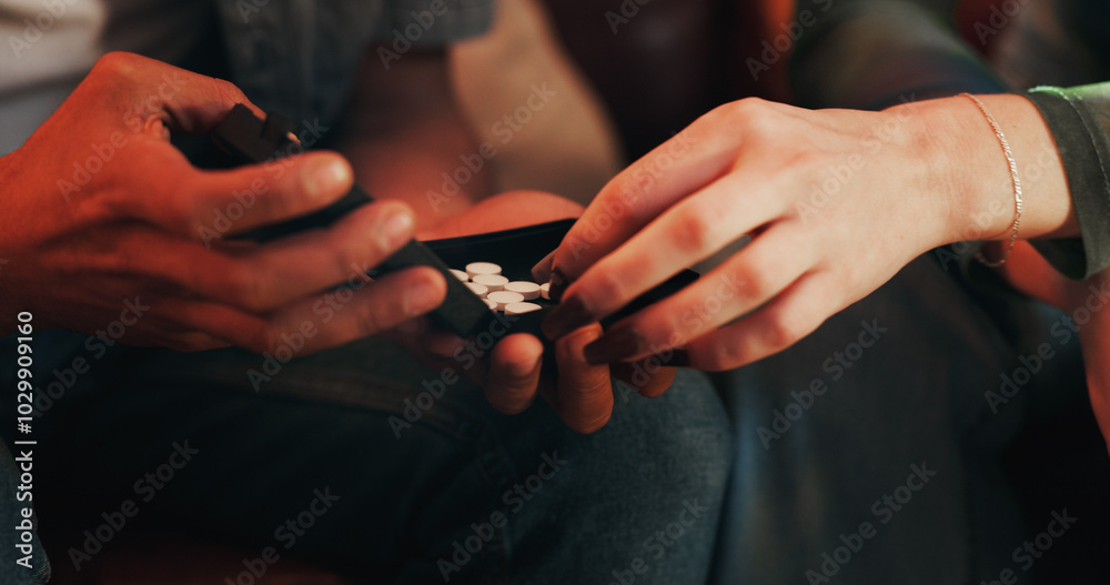Drug, addiction and hands of people with pills for illegal, narcotics ...