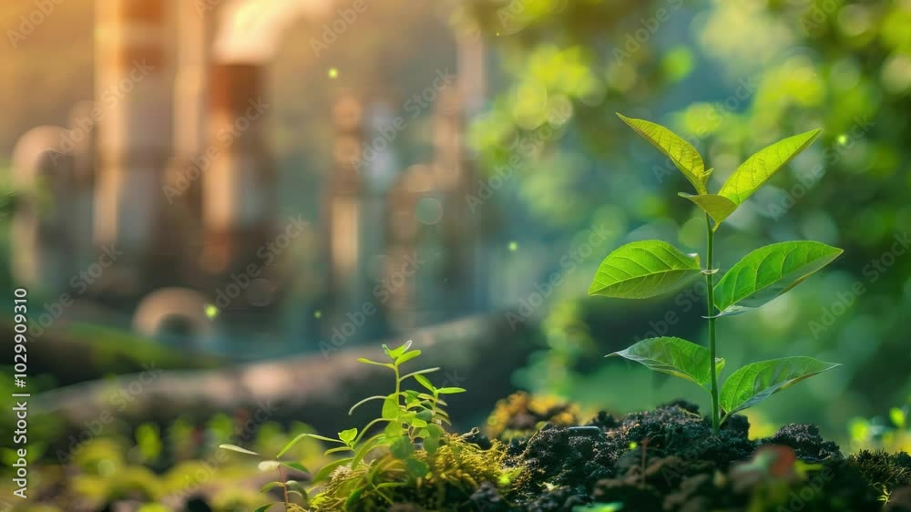 Modern power plant with tree, Green industry eco power for sustainable energy saving ...