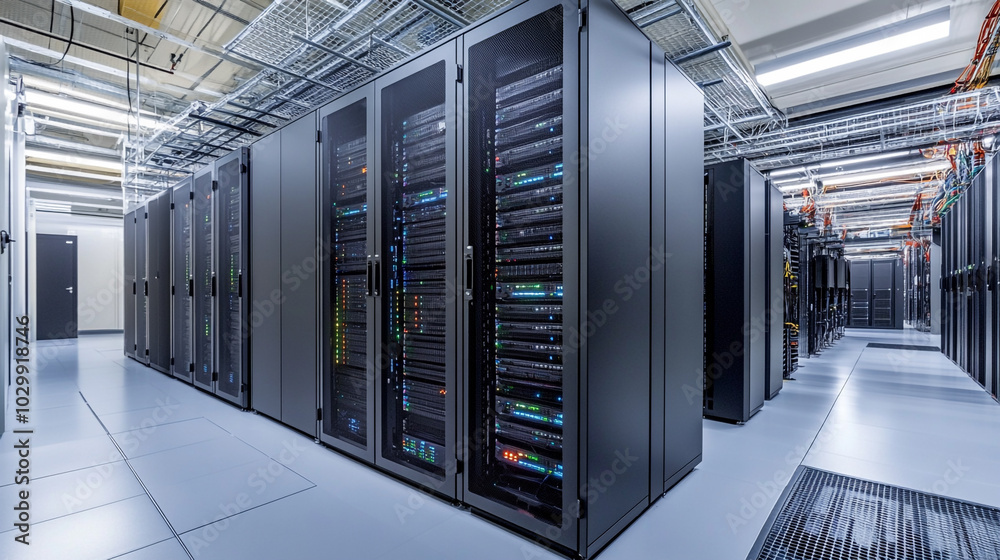 Modern data center with multiple server racks and organized cabling at ...
