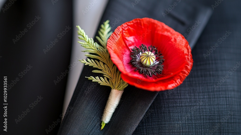 The striking red poppy is fastened to the lapel of a suit, symbolizing ...