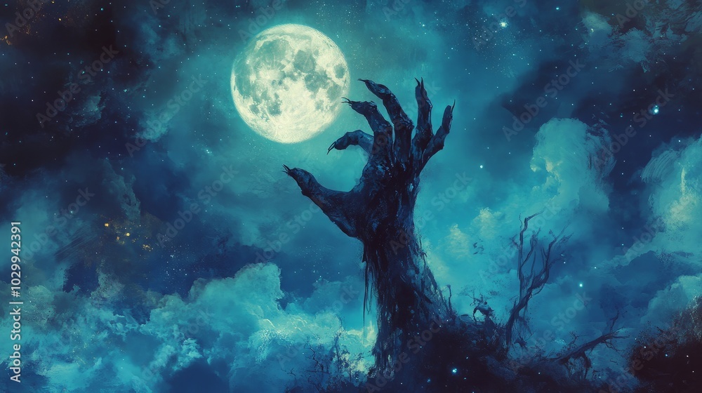 Rotting undead hand reaching for the stars, breaking free from the ...