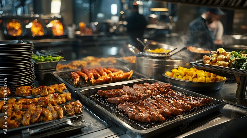 Luxurious upscale buffet setting with beautifully grilled meats ...