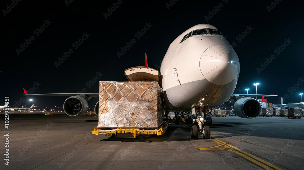 A cargo plane at night, unloading a large shipping container ...