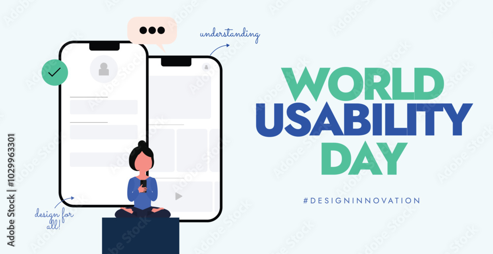 World Usability day. November UX day celebration banner with a girl sitting, huge smartphones in ...