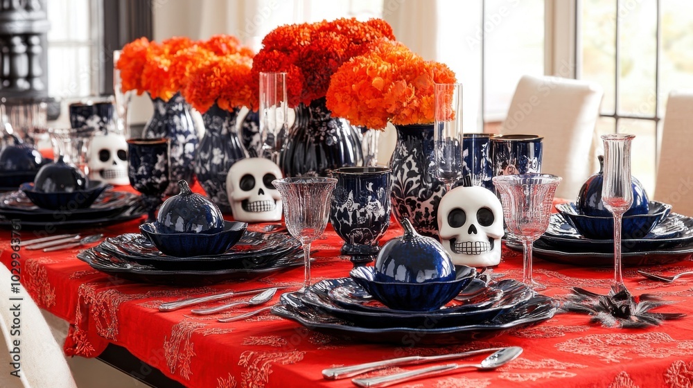 Decorative Halloween dining table arrangement featuring skulls and ...